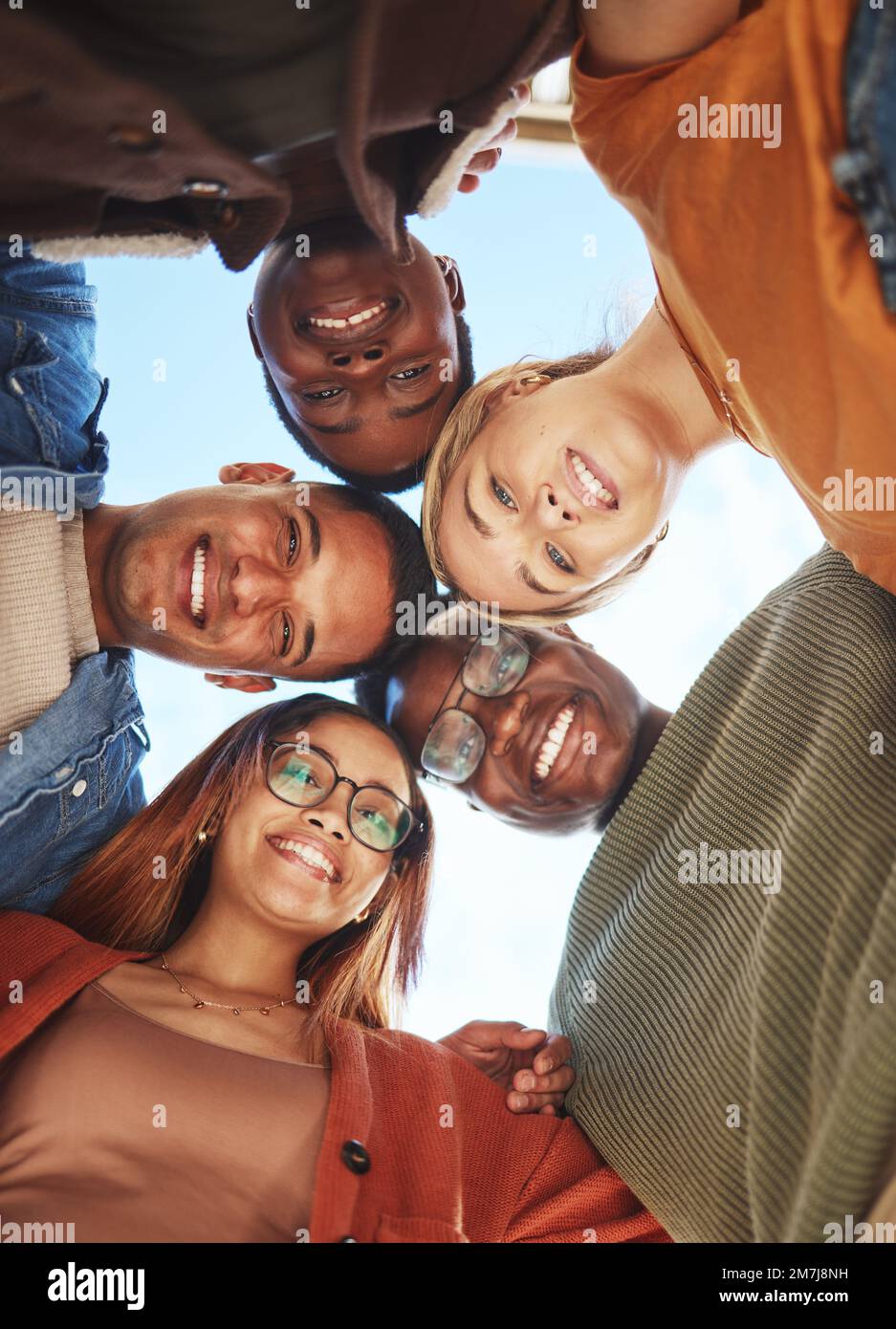 Friends, smile and hug below for teamwork, community or trust together ...