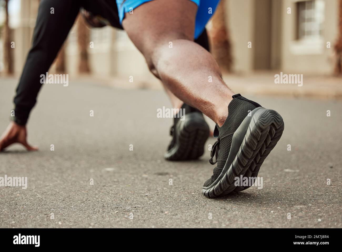 Runner, fitness or black man ready to start running exercise, cardio ...