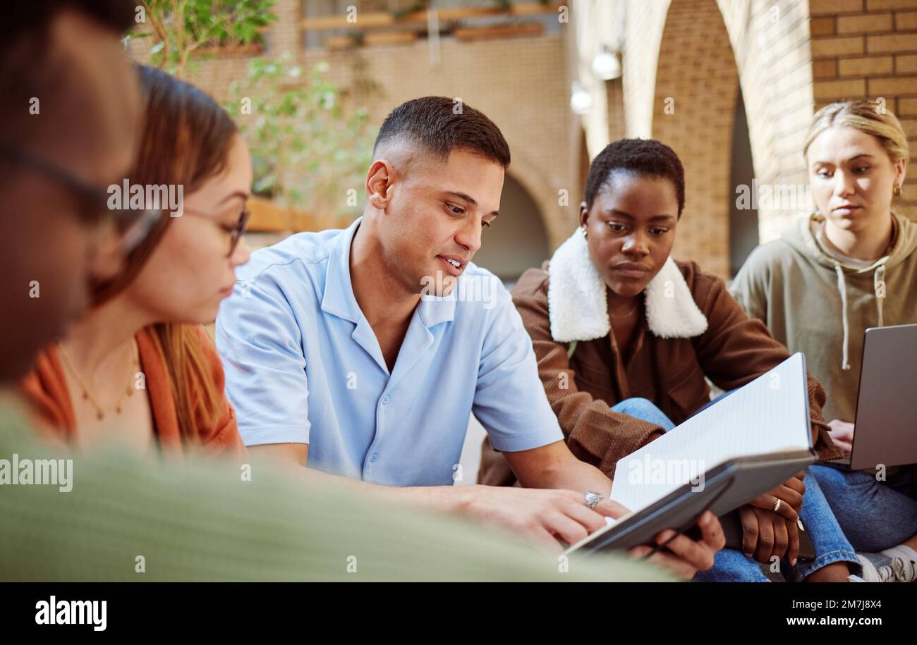 College, group and student, reading book and study together with men ...