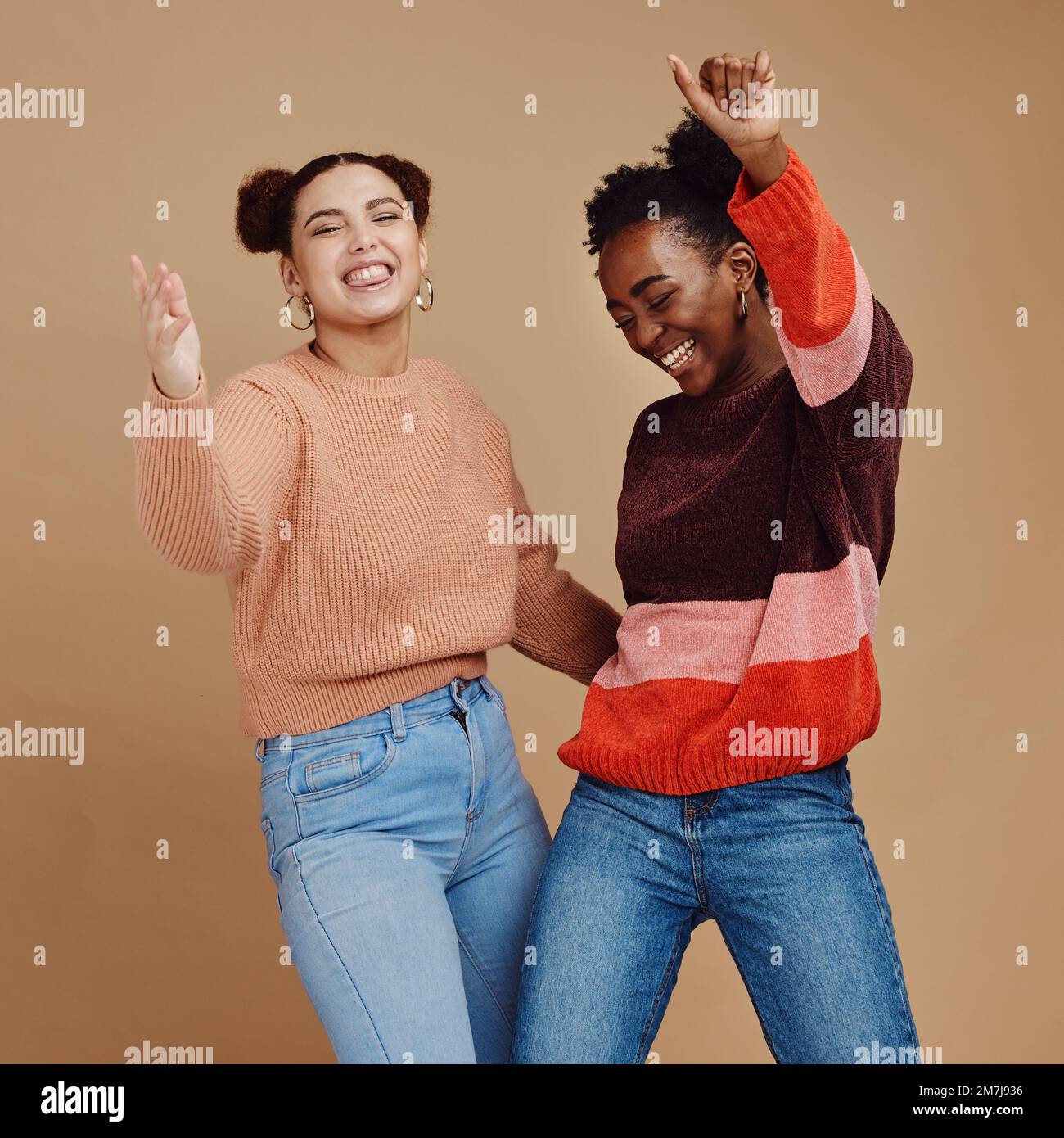 Happy, teenager and girl with dance and friends, young and trendy with ...