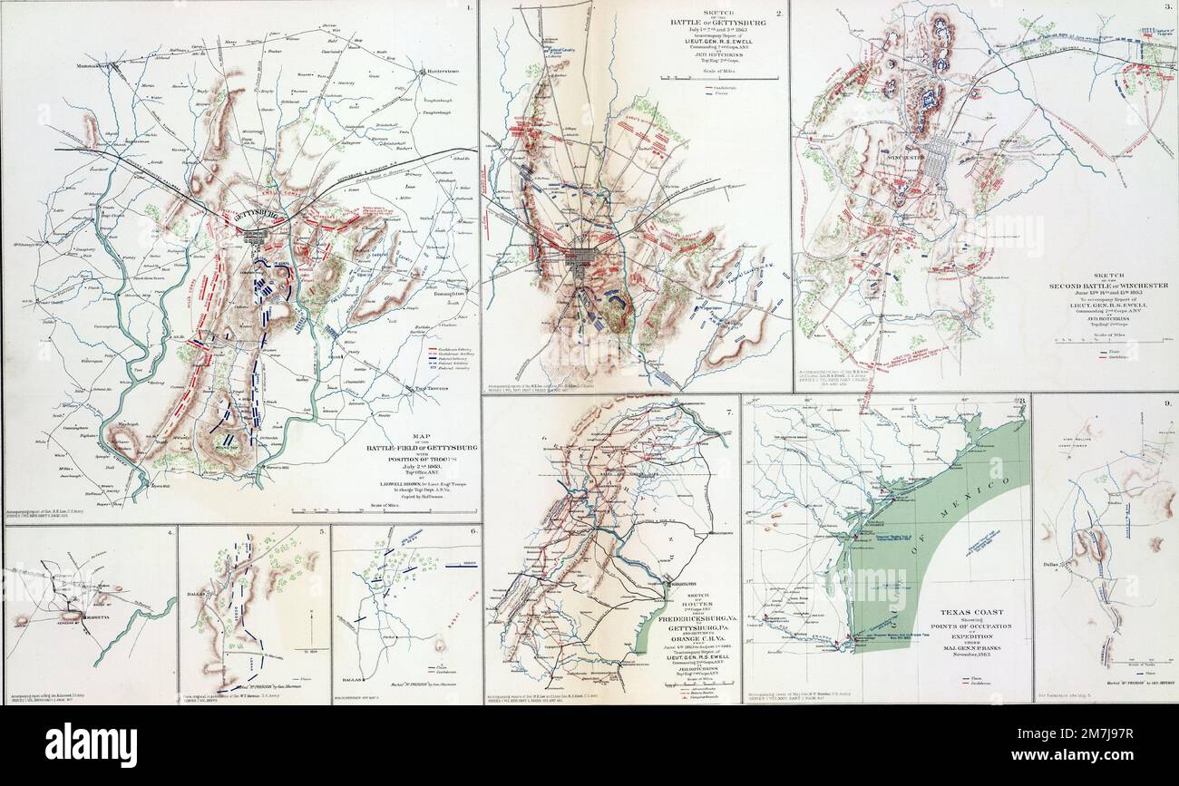 The old map of the battle of Gettysburg on an Atlas indicating the ...