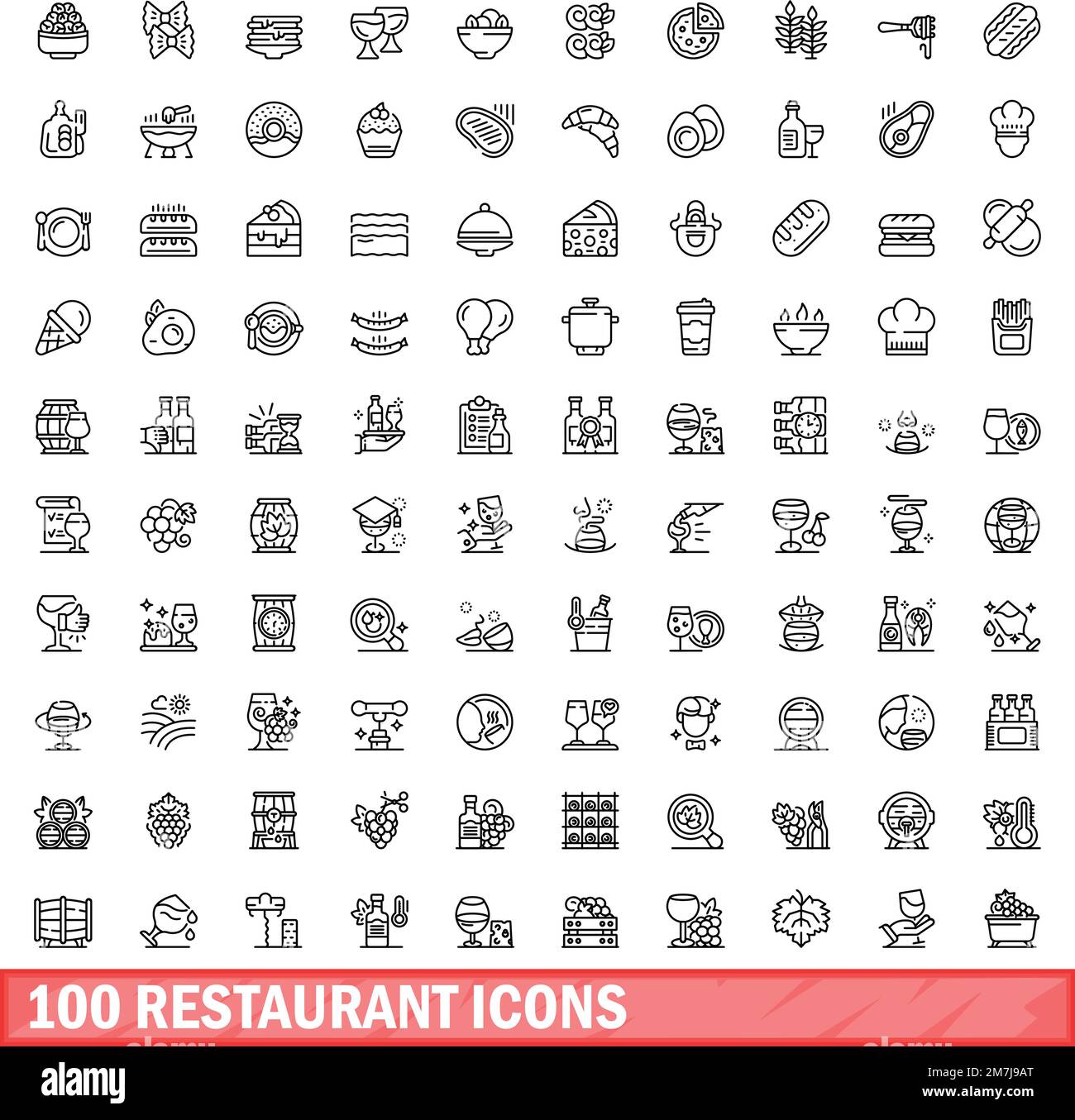 100 restaurant icons set. Outline illustration of 100 restaurant icons ...