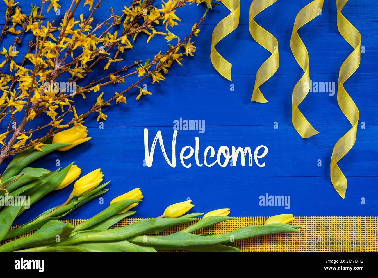 Spring Flowers Decoration, Branch, Ribbon, Text Welcome Stock Photo - Alamy
