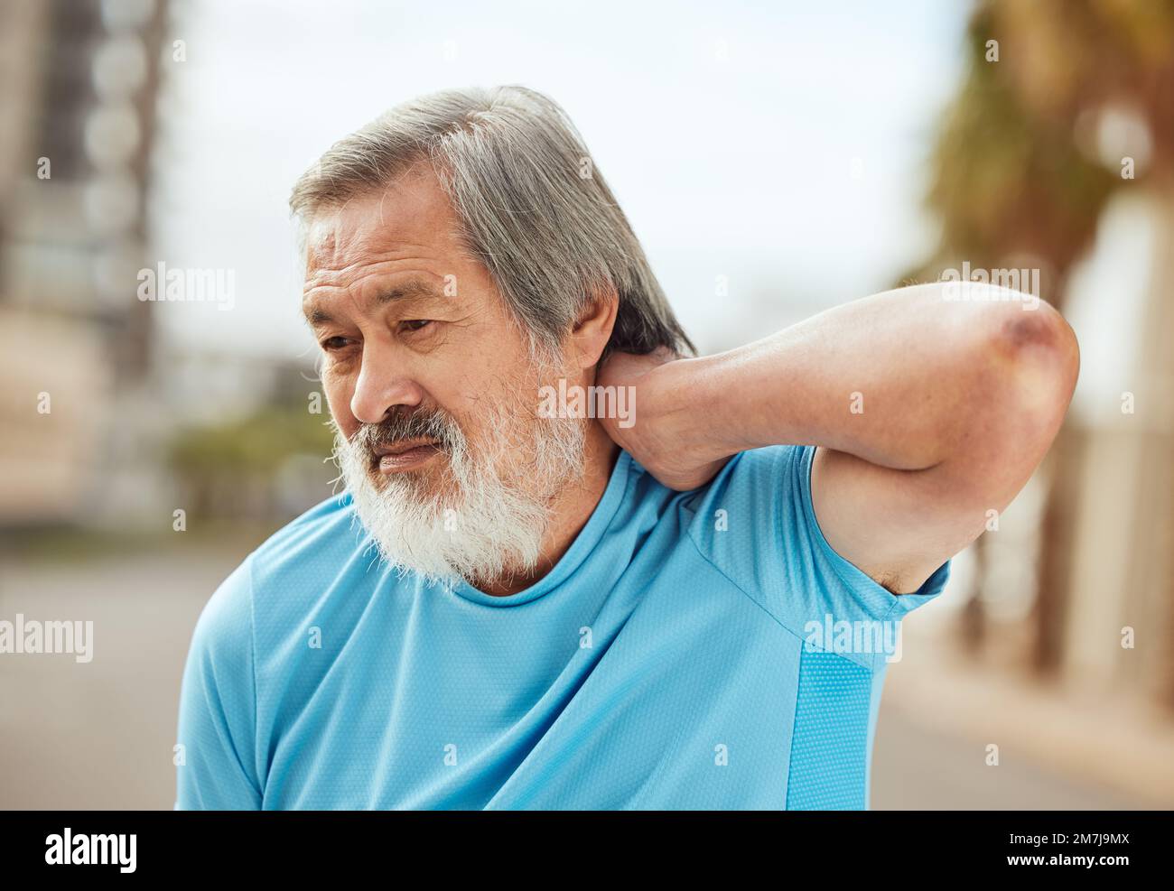 Senior asian man, fitness and back pain outdoor for exercise workout ...