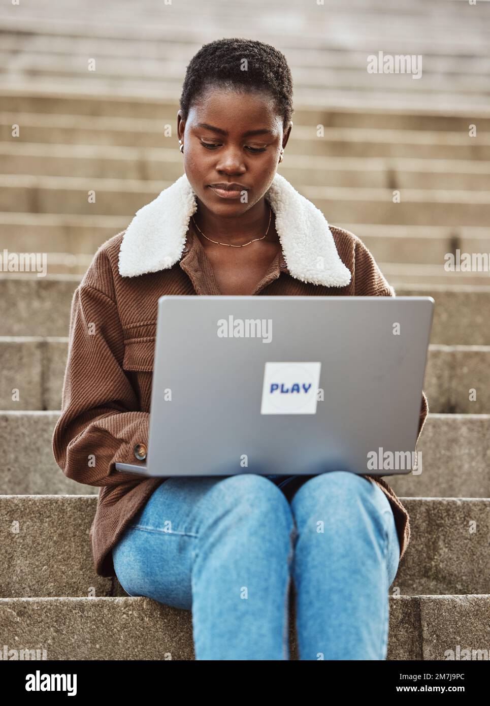 Education, black woman on stairs and laptop for college, online ...