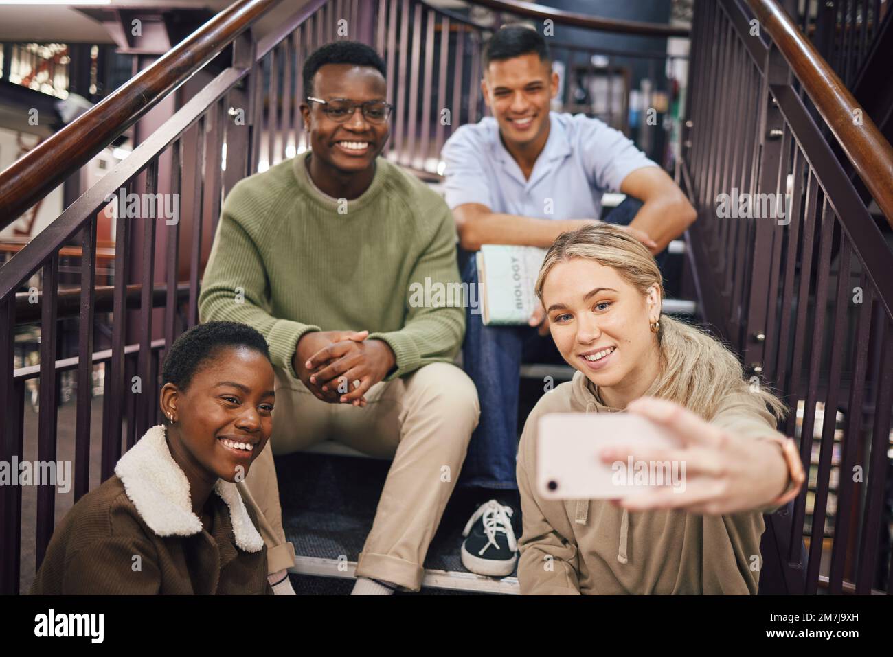 College student group, selfie and stairs with smile together, studying ...