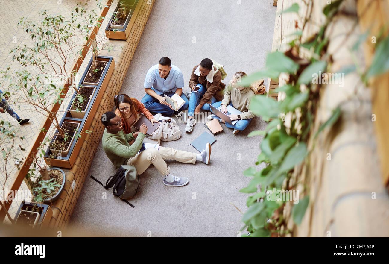 College group, collaboration and diversity students working on research ...