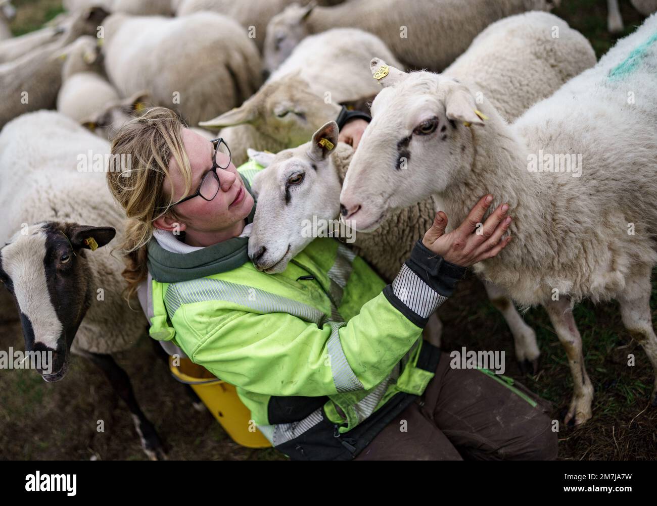 Stuckrum, Germany. 28th Mar, 2022. Nine Jochimsen, shepherdess, kneels ...