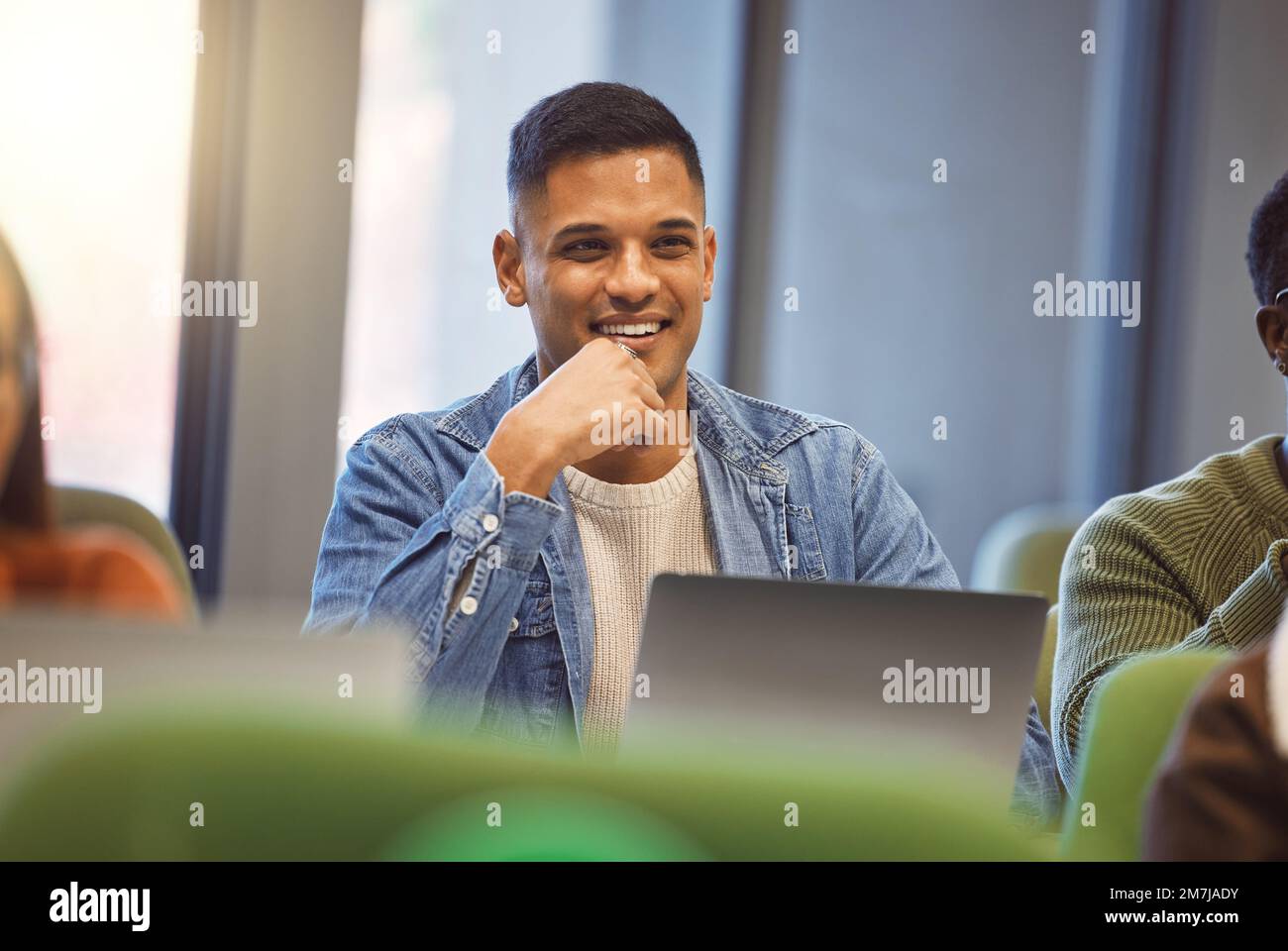 Happy, education and man with a laptop in class, learning scholarship ...
