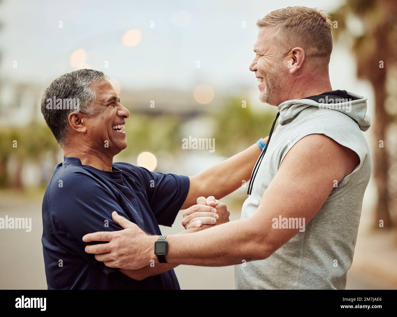 Fitness, handshake and senior people with outdoor workout support ...