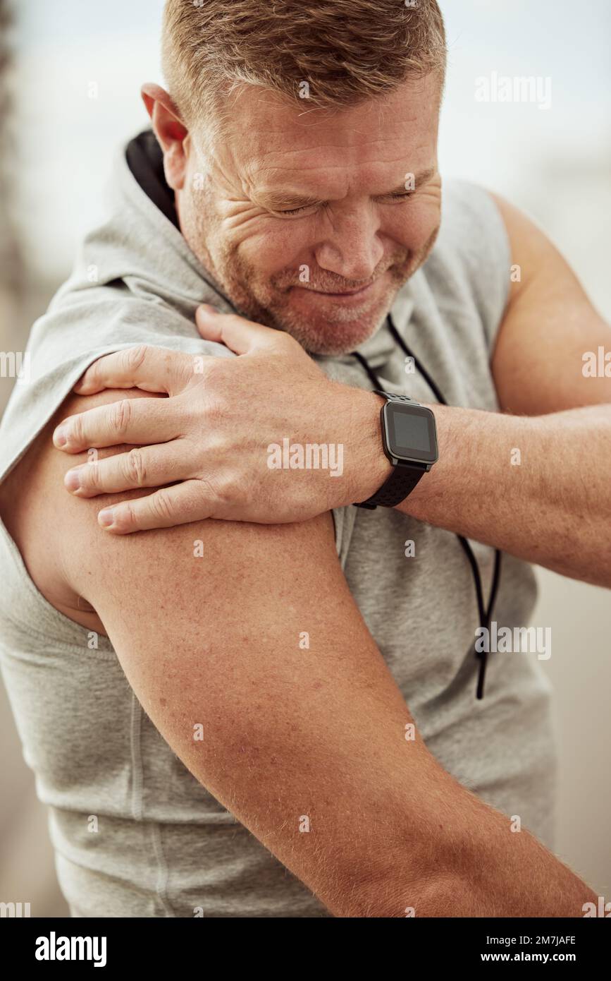 Fitness, shoulder pain and man with workout, exercise or runner in ...