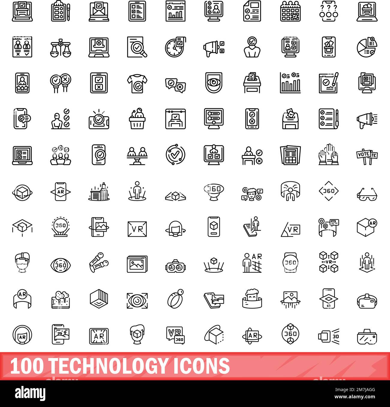 100 technology icons set. Outline illustration of 100 technology icons ...