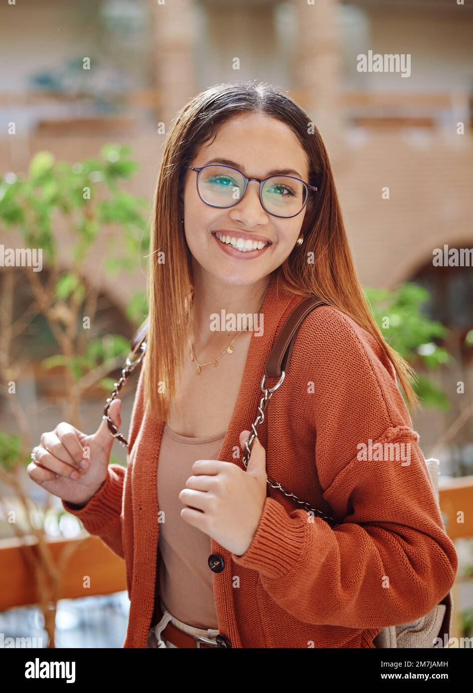 Smile, woman student and college with education portrait, happy with ...