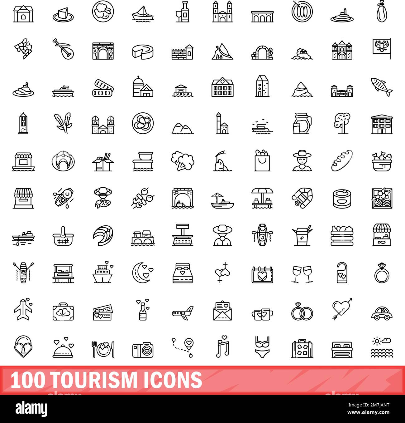 100 tourism icons set. Outline illustration of 100 tourism icons vector ...