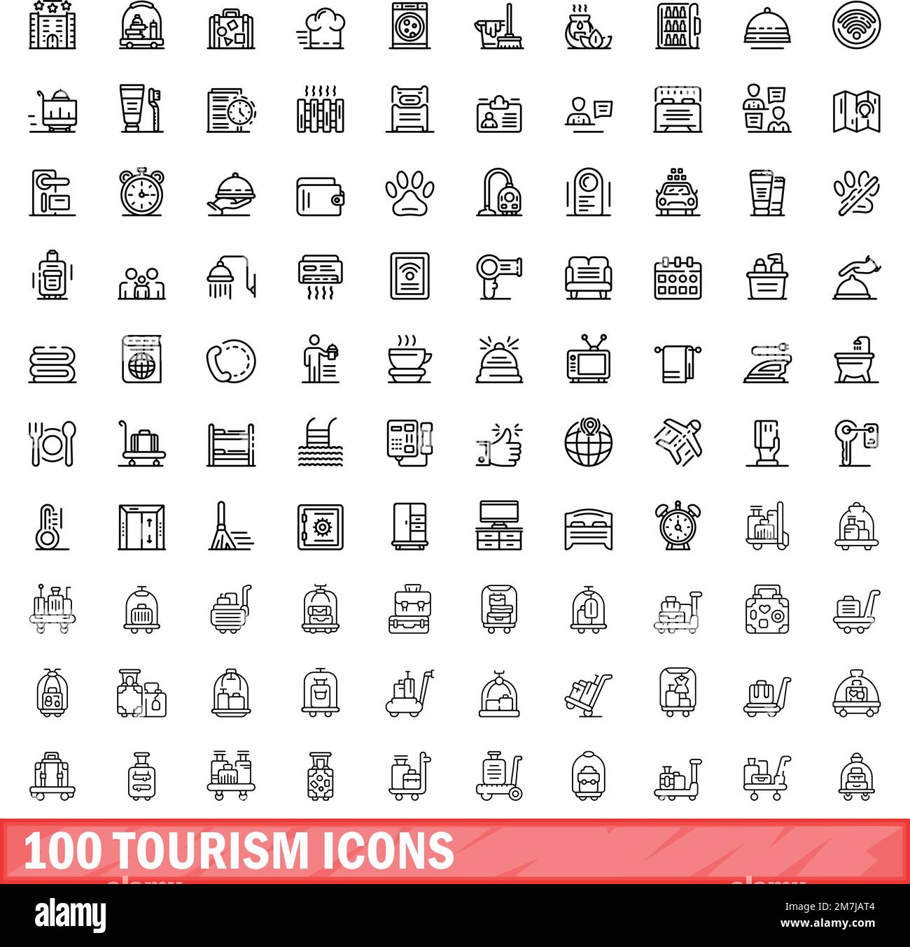 100 tourism icons set. Outline illustration of 100 tourism icons vector ...
