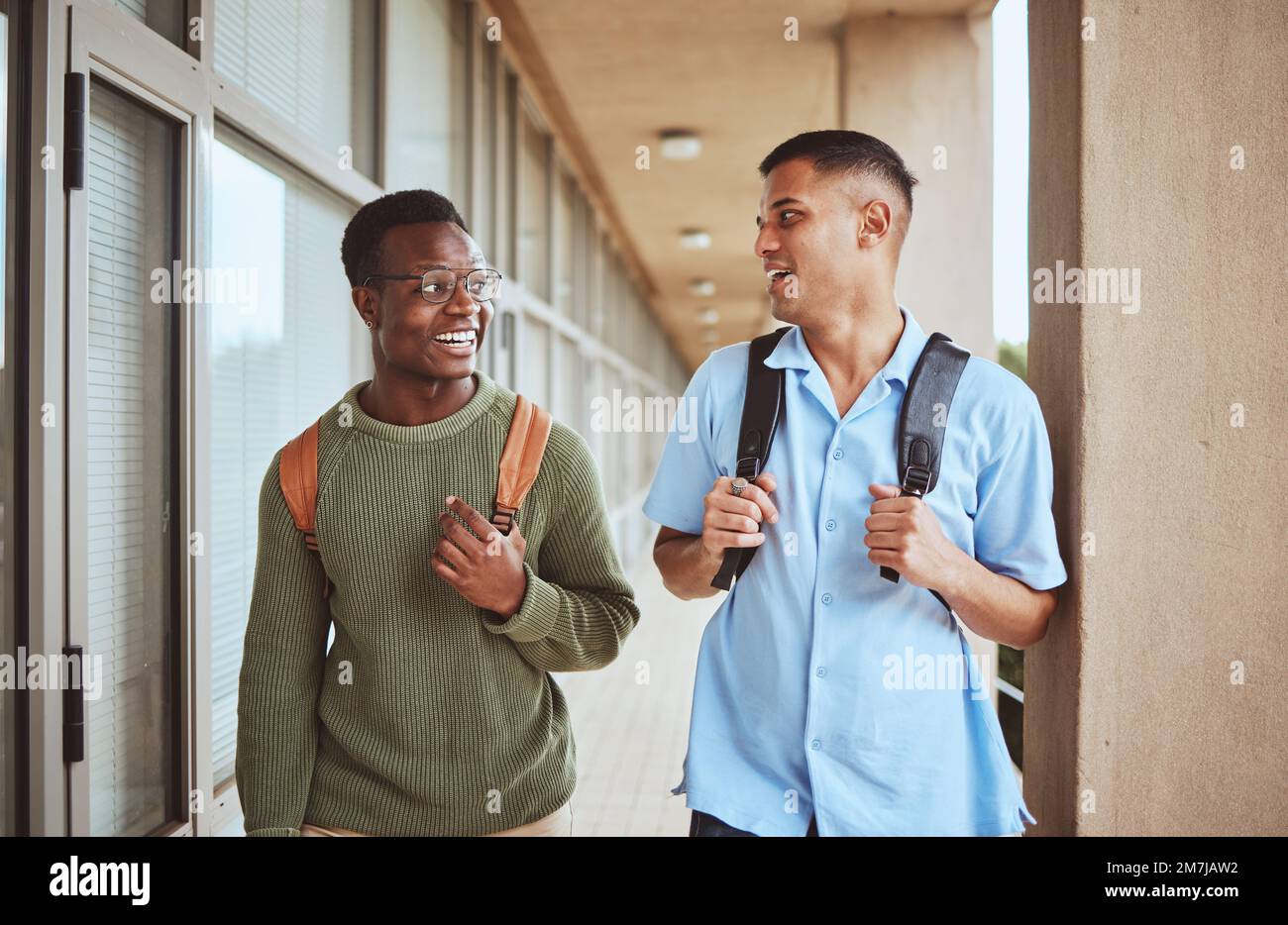 Talking, students and men, friends and education with university, chat ...