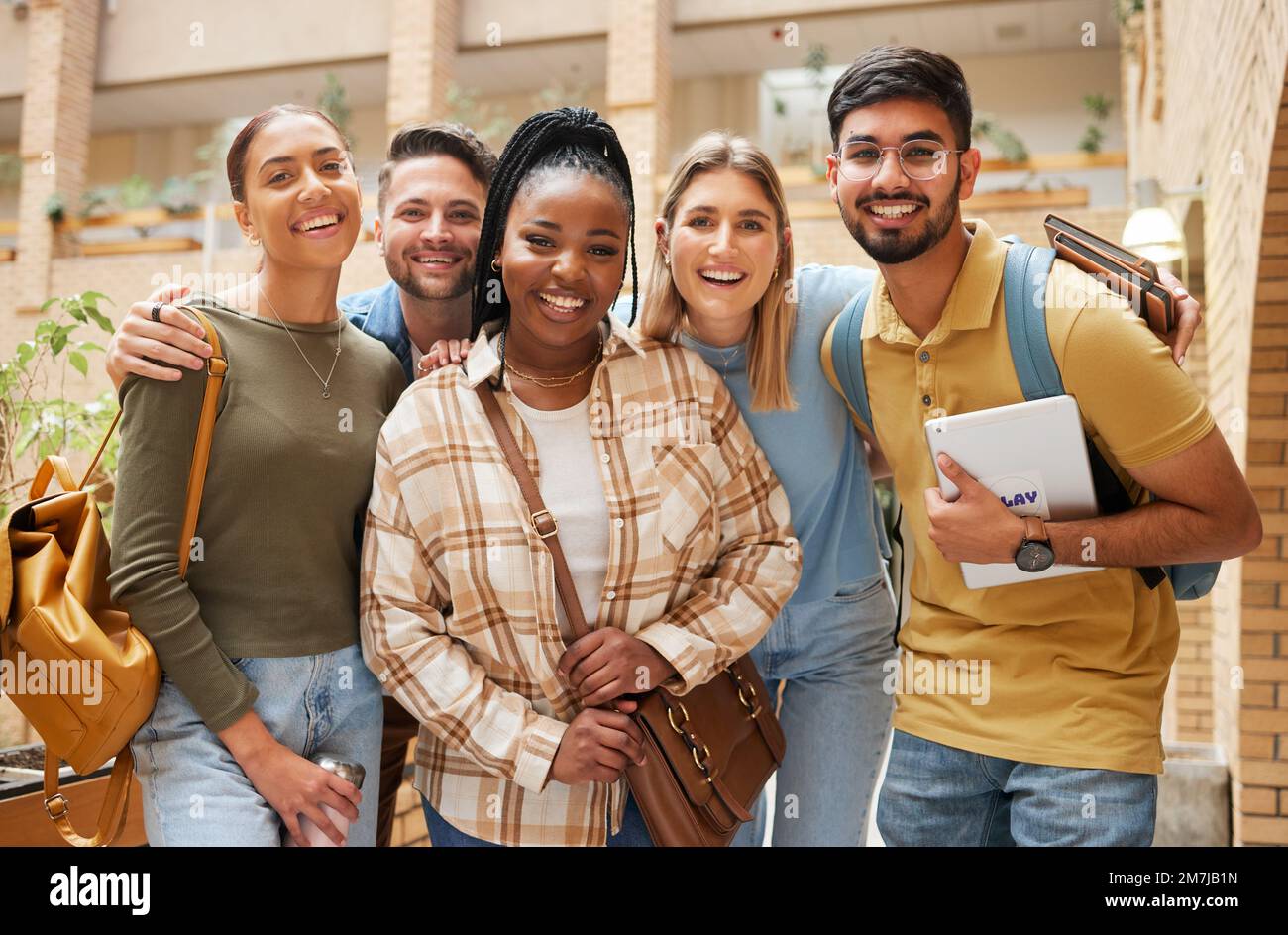 Portrait, university students and group of friends getting ready for ...