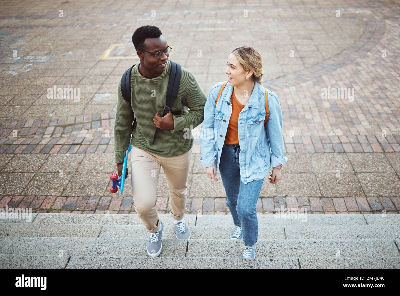 University, students and friends with education and campus, study and ...