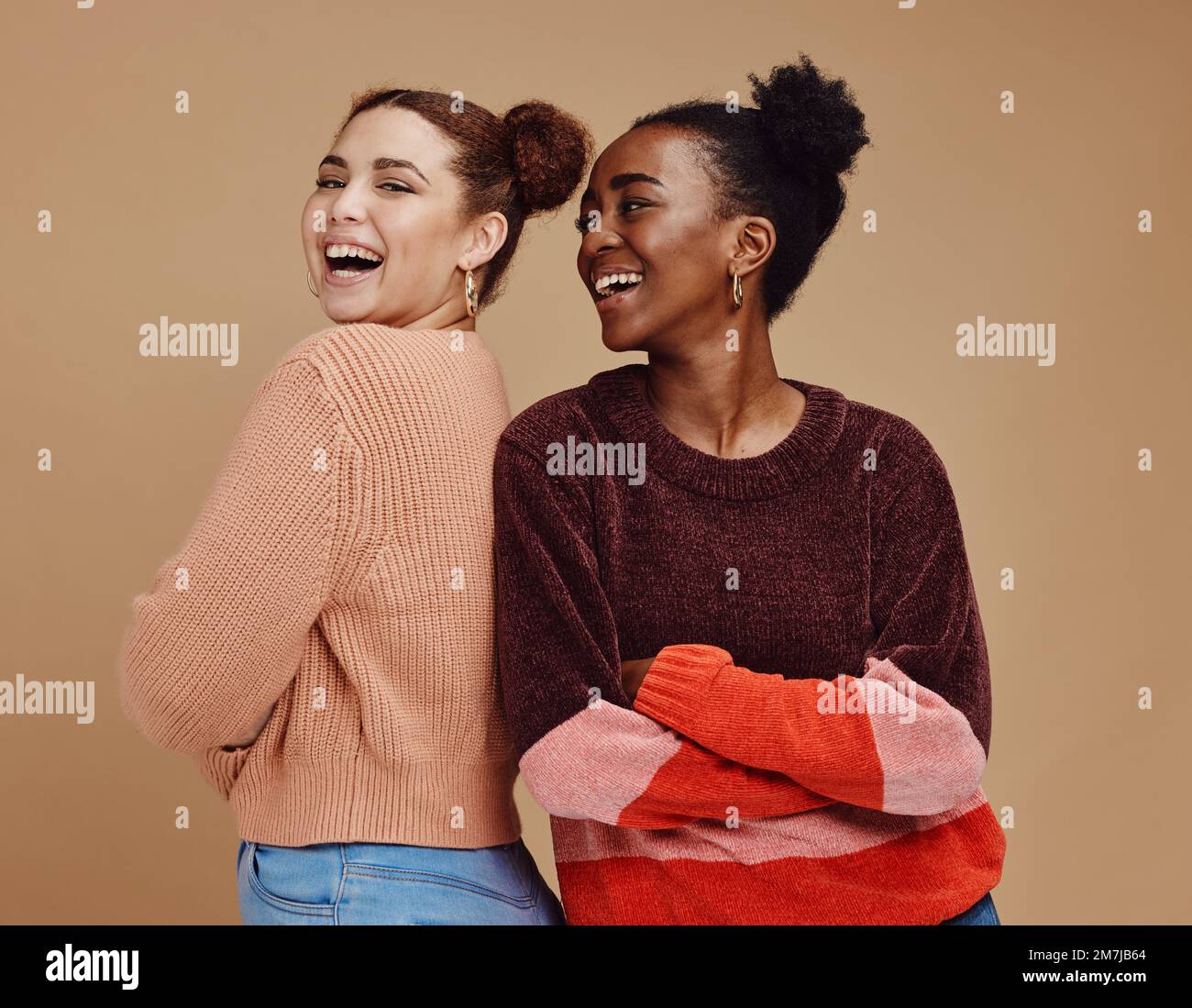 Happy, smile and women friends in a studio together with fun, freedom ...