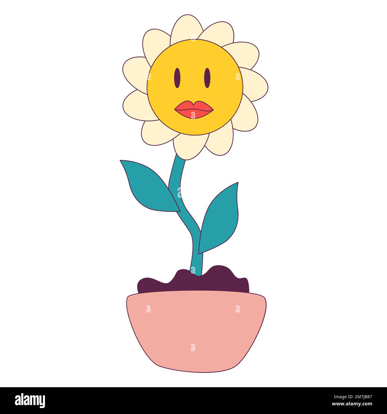 1970 groovy funky daisy flower smile in pot. Y2k comic vintage element ...