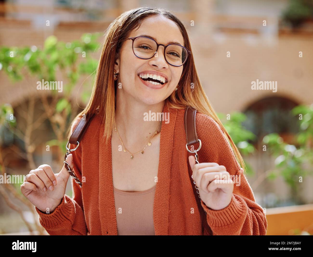 Happy, woman and student with education and portrait university and ...