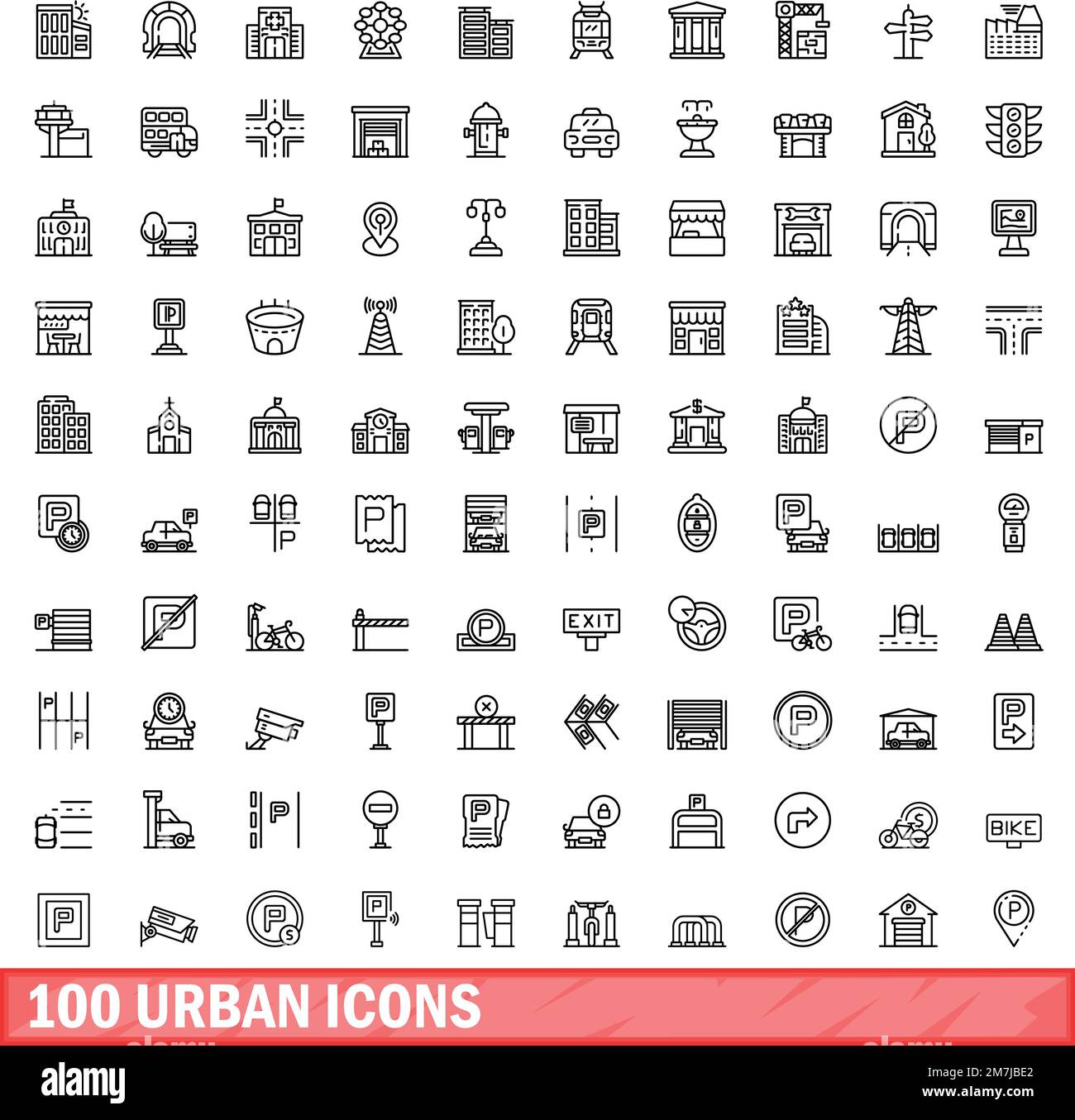 100 urban icons set. Outline illustration of 100 urban icons vector set ...