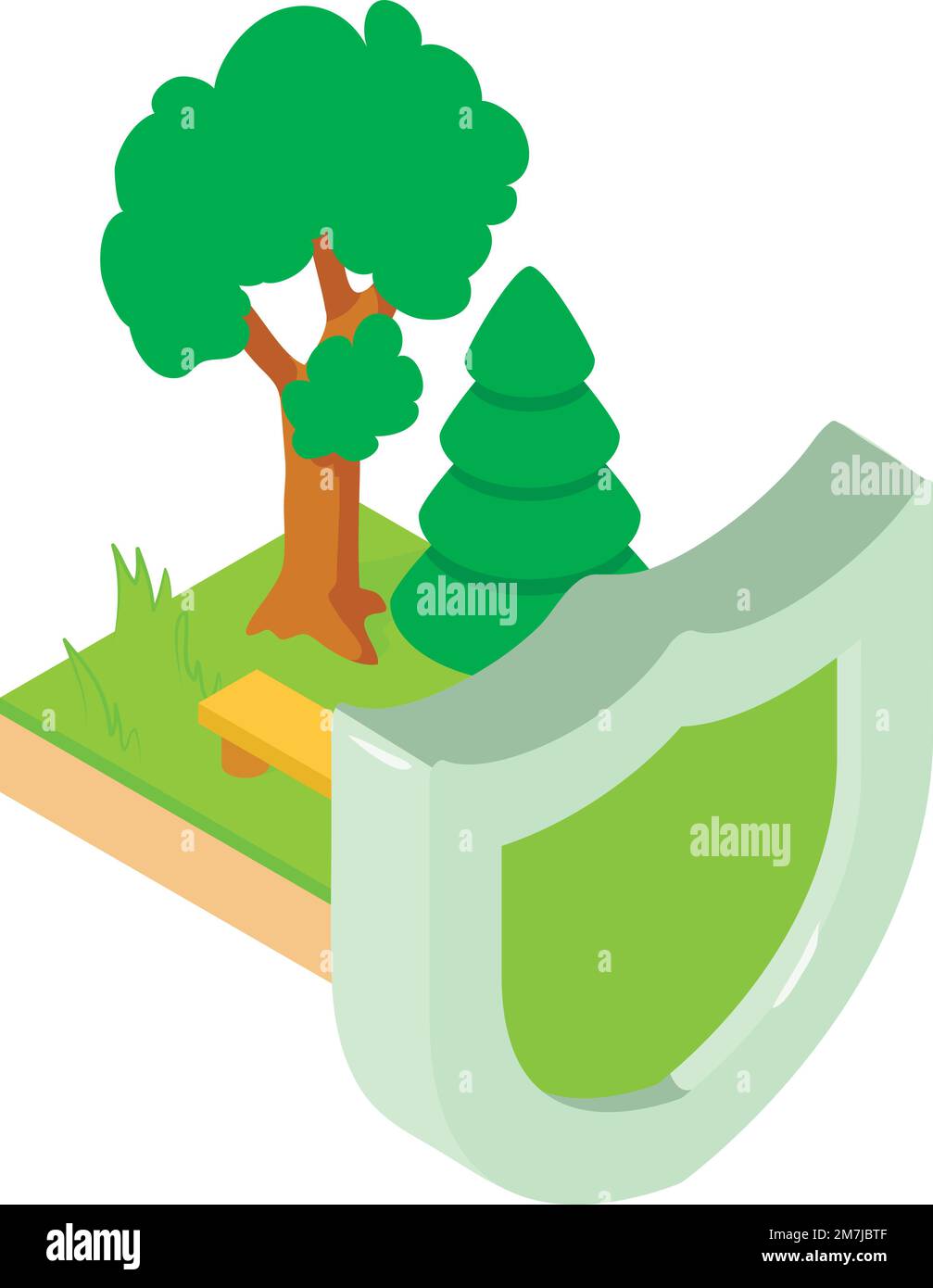 Environment protection icon isometric vector. Shield on forest area ...