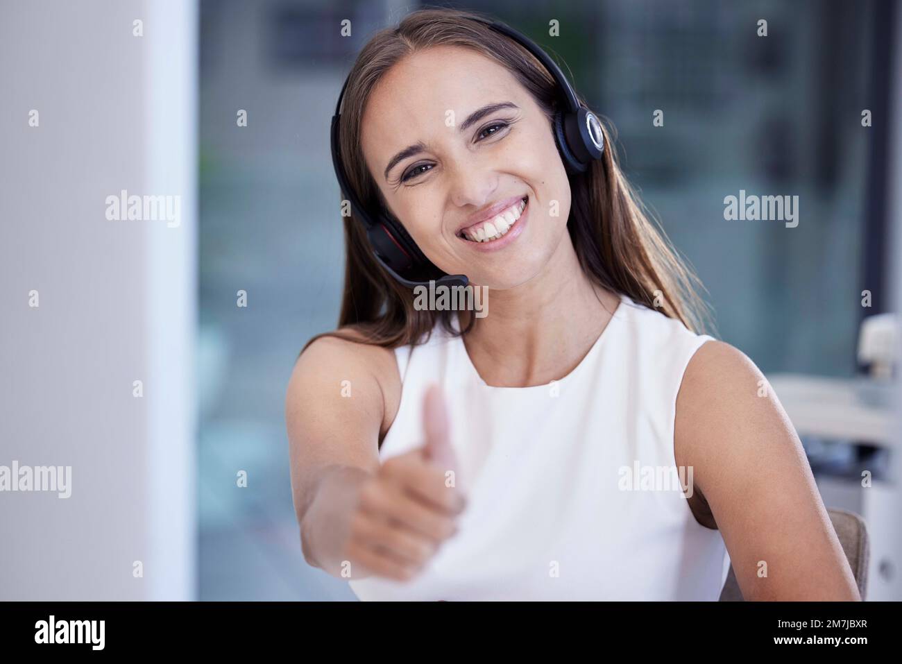 Call center, thumbs up and woman in portrait for telemarketing, virtual ...