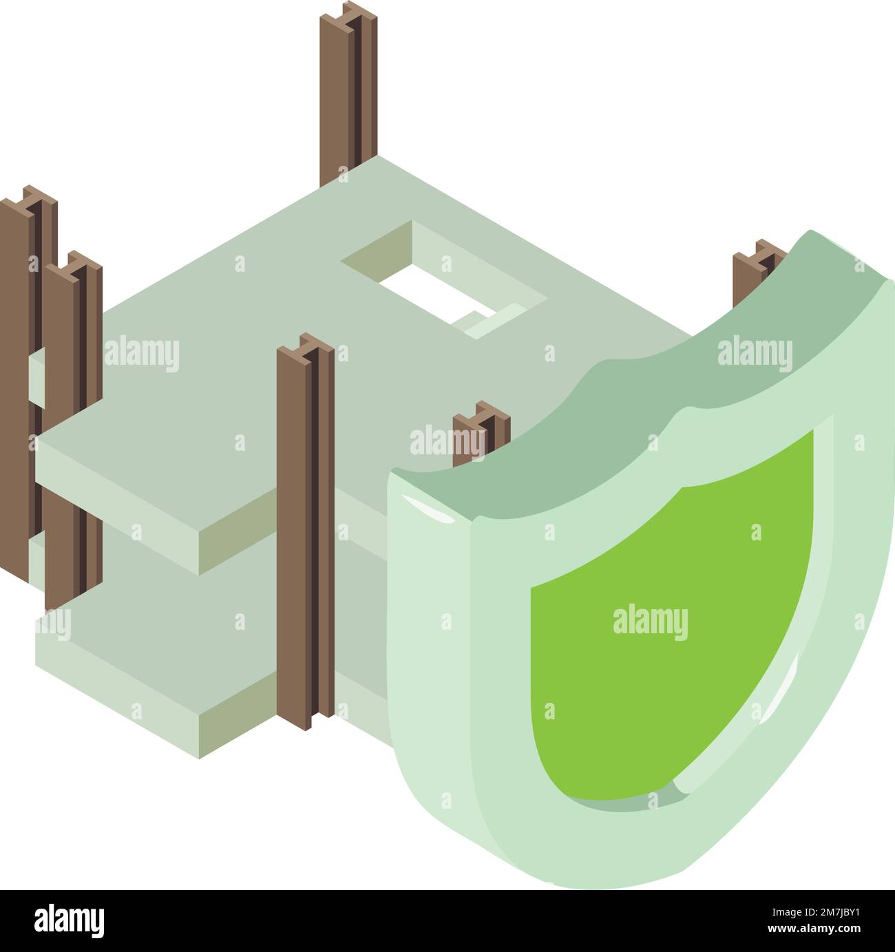 Eco construction icon isometric vector. Shield icon on building frame ...