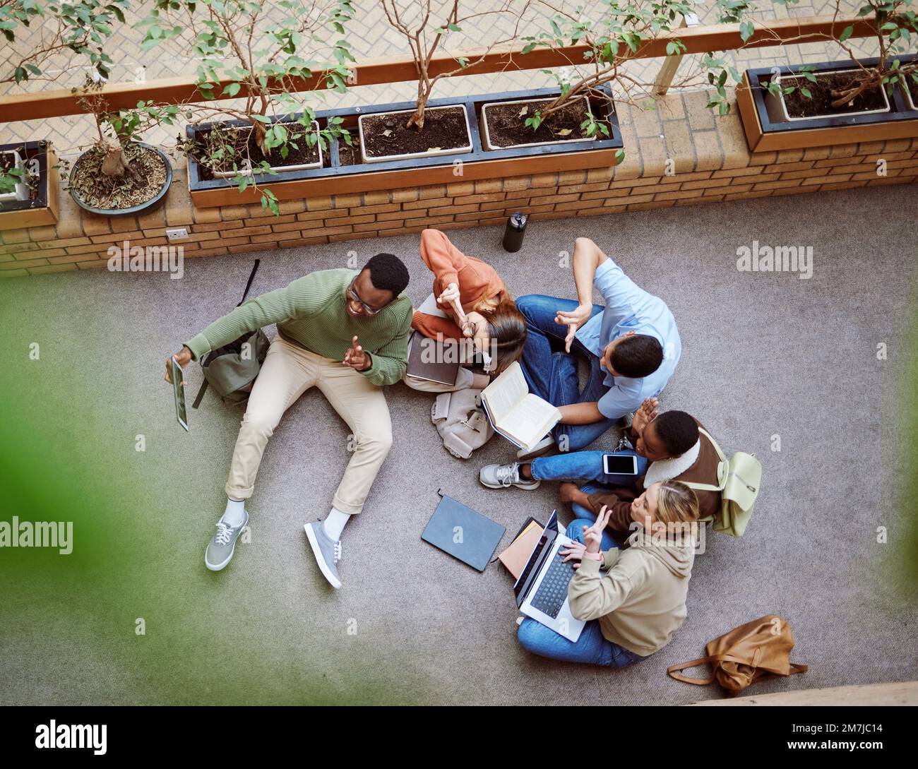 University phone selfie, peace sign and students working on research ...