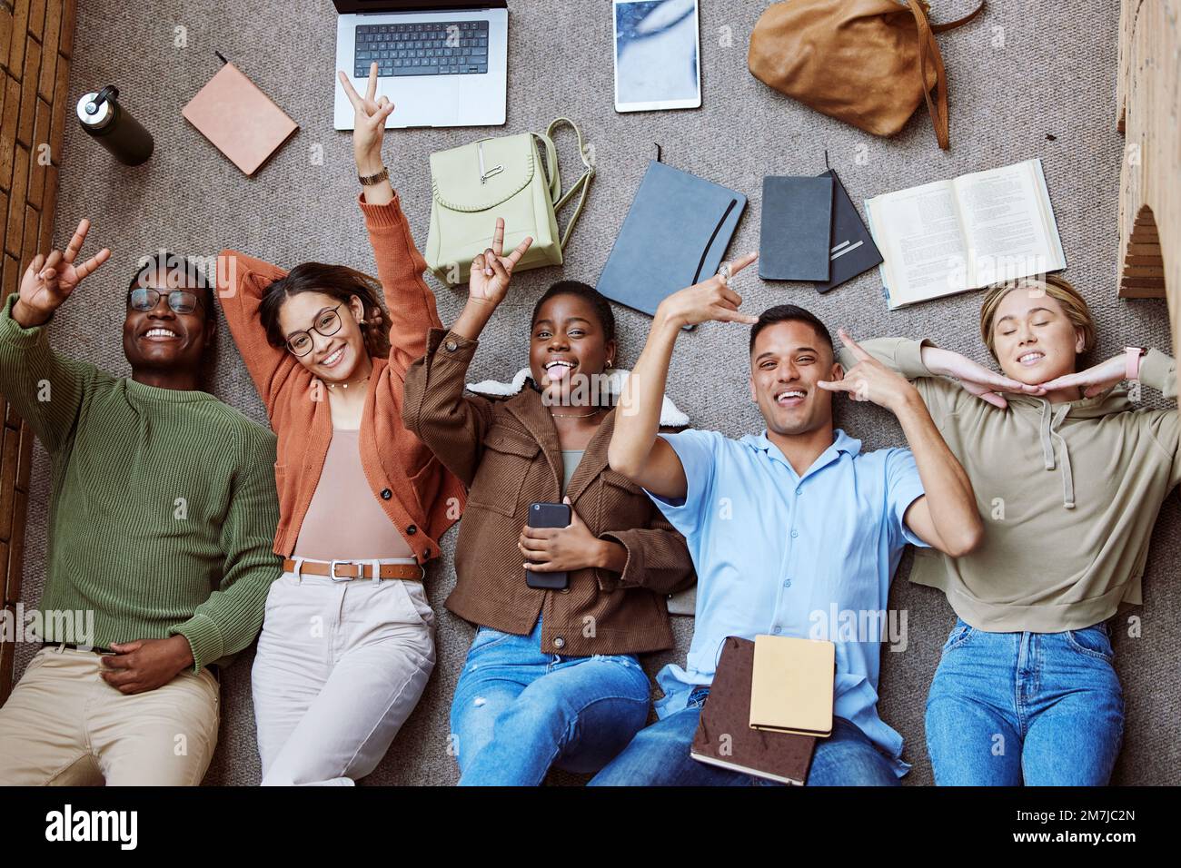 University floor, diversity portrait and students coworking on group ...