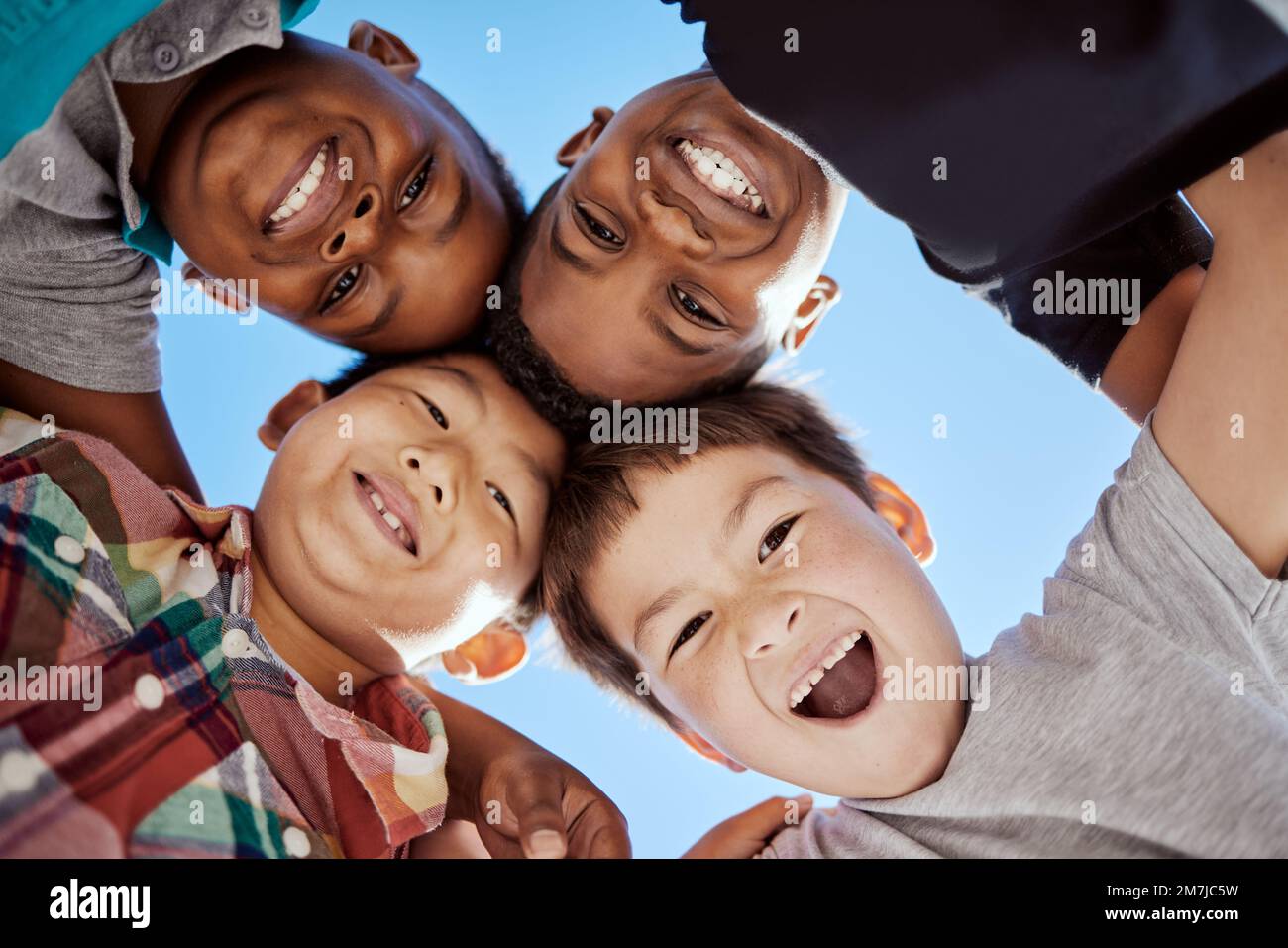 Kids, face and happy with friends group, diversity and support with ...