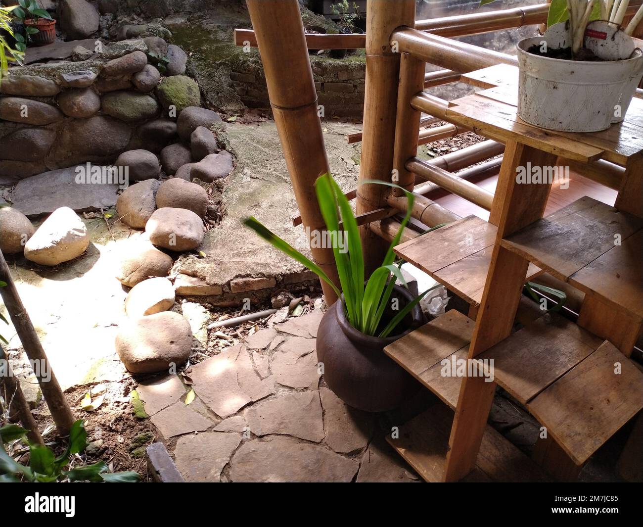 Composition of backyard garden with rock, pot plant, wooden and bamboo ...