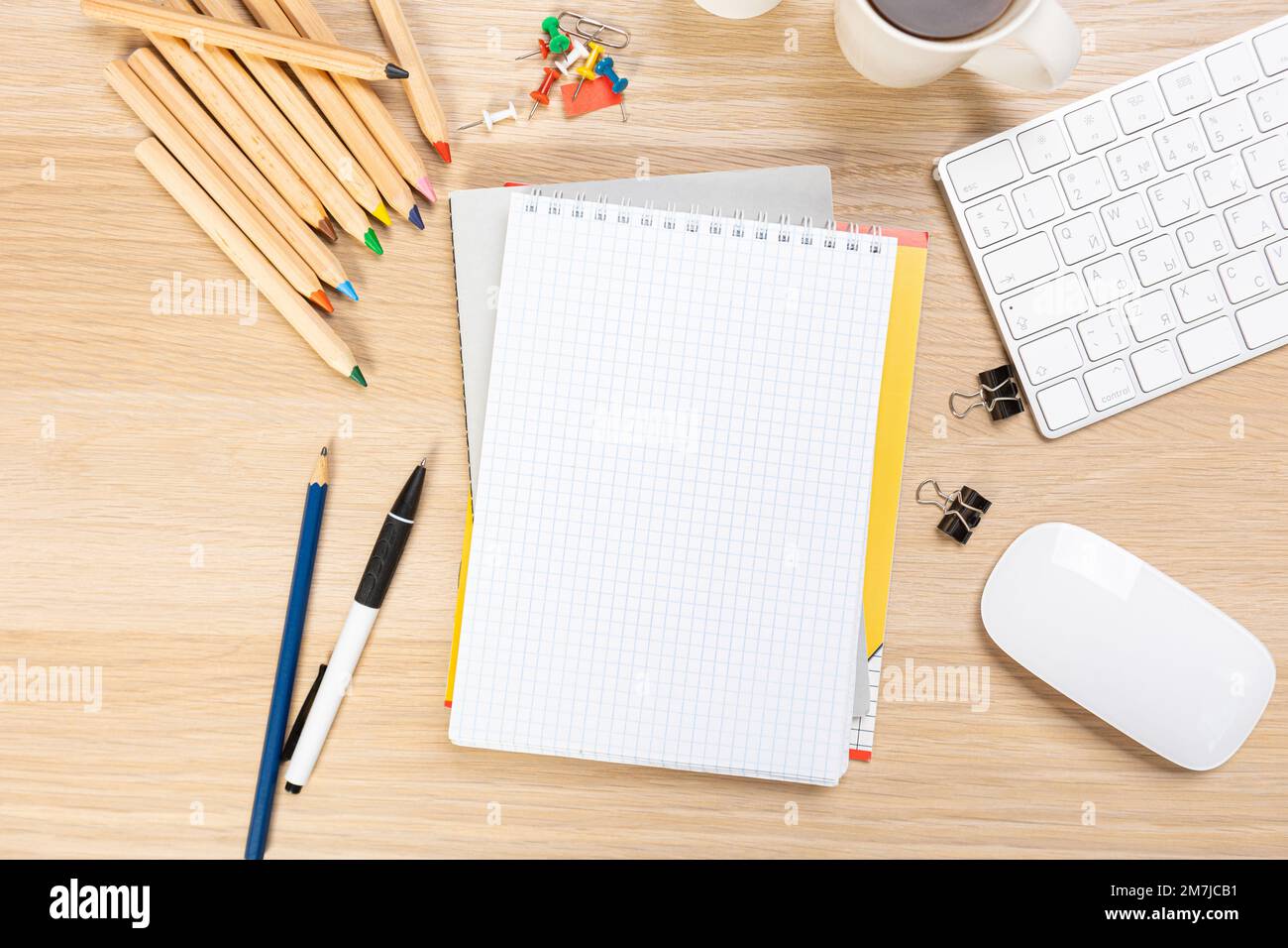 Back to school concept. Top view photo of notepads, pens, sharpeners ...