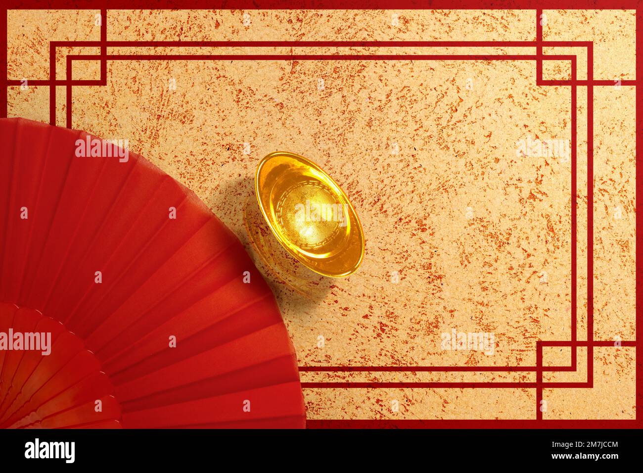 Red Chinese fan texture with Chinese gold ingot on a colored background ...