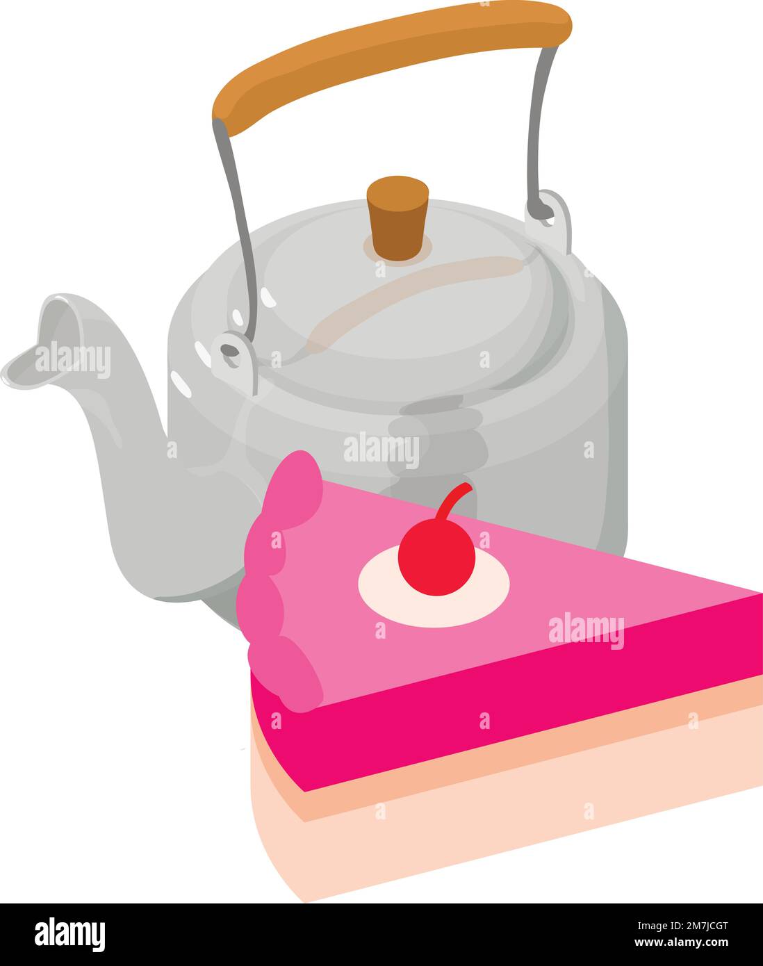 Sweet breakfast icon isometric vector. Metal retro teapot and fruit ...
