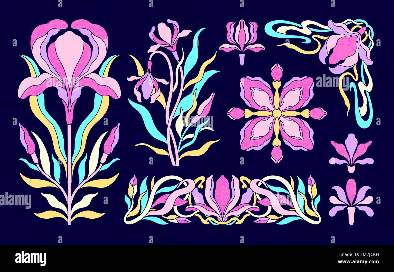 Floral iris set in art nouveau 1920-1930. Hand drawn in a linear style ...