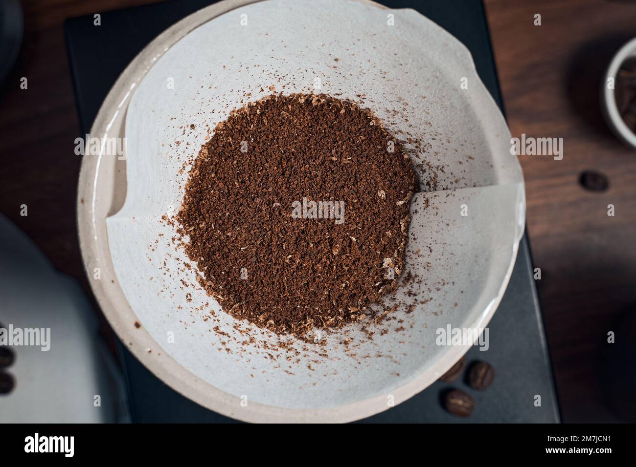 coffee powder in the dripper for make coffee filter on scales Stock ...