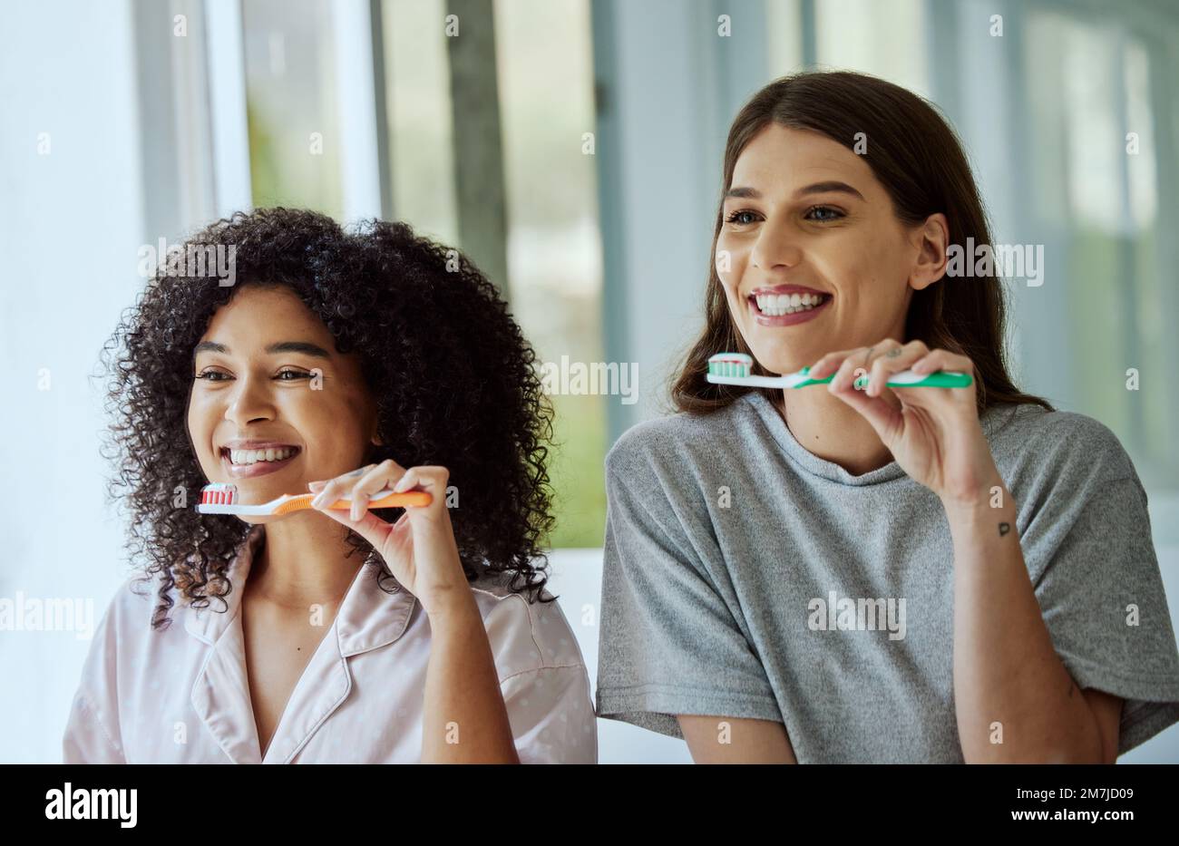 Toothbrush, oral care and women friends doing a dental, health and ...