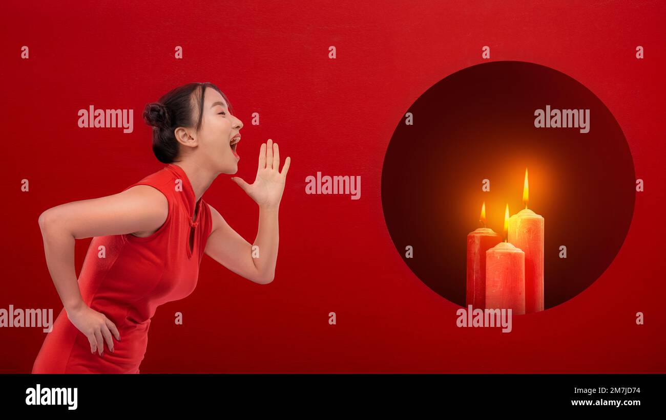 An Asian Chinese woman in a cheongsam dress yelling something. Happy Chinese New Year Stock ...