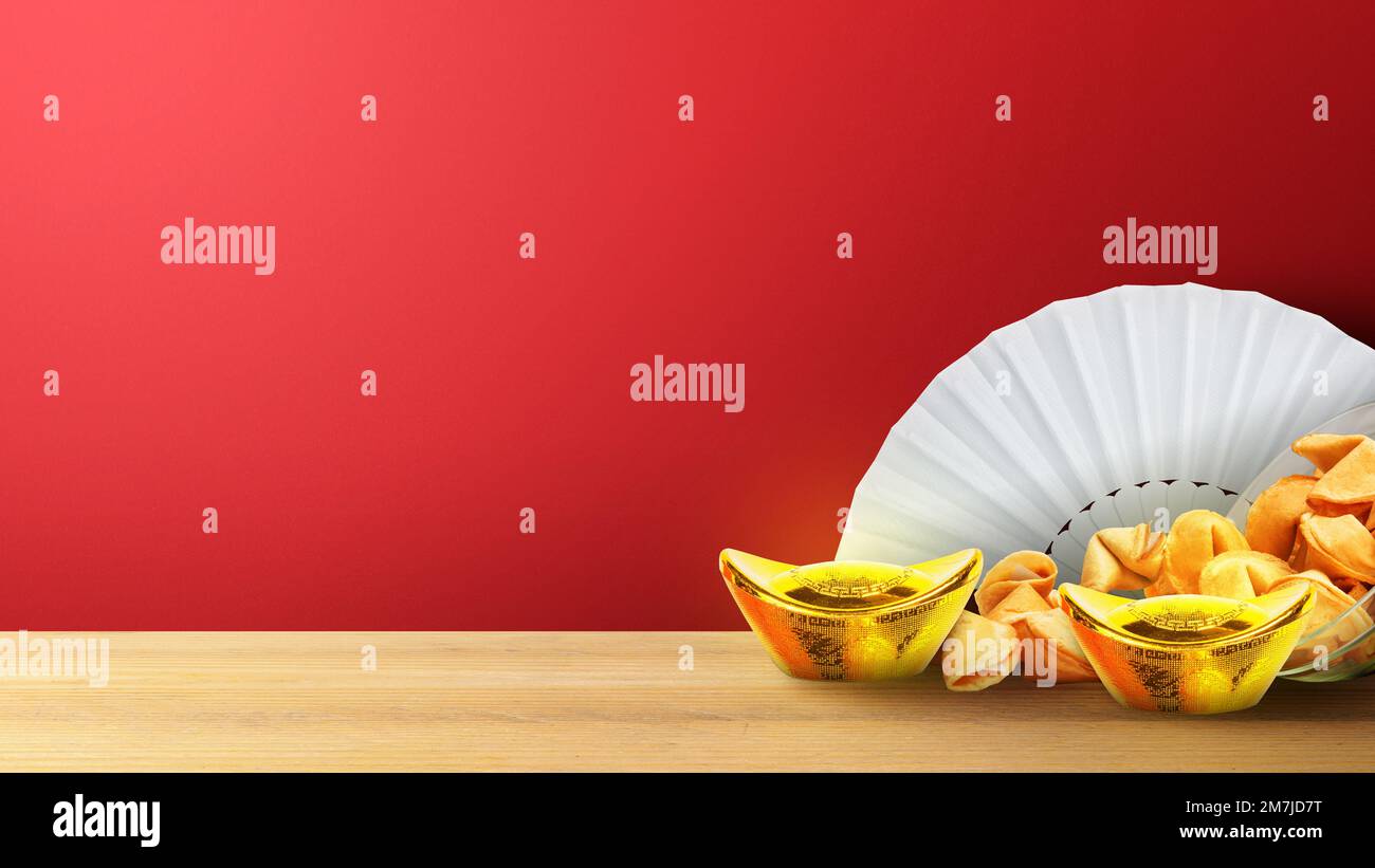 White Chinese fan texture with Chinese gold ingot and fortune cookies ...
