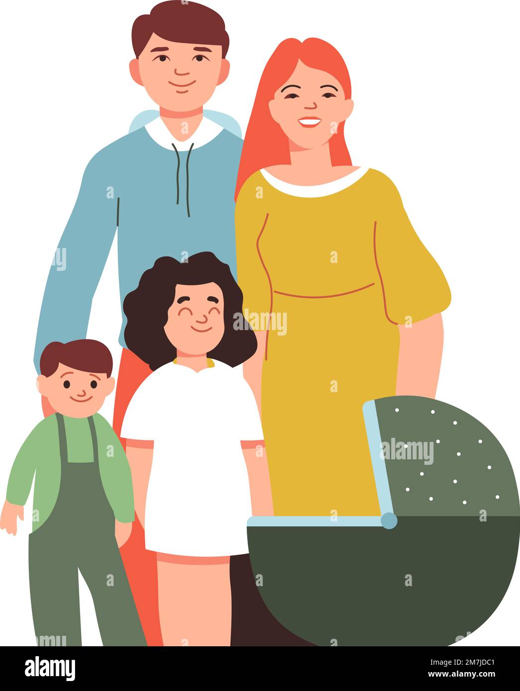 Family parents and children, newborn kid in pram Stock Vector Image ...