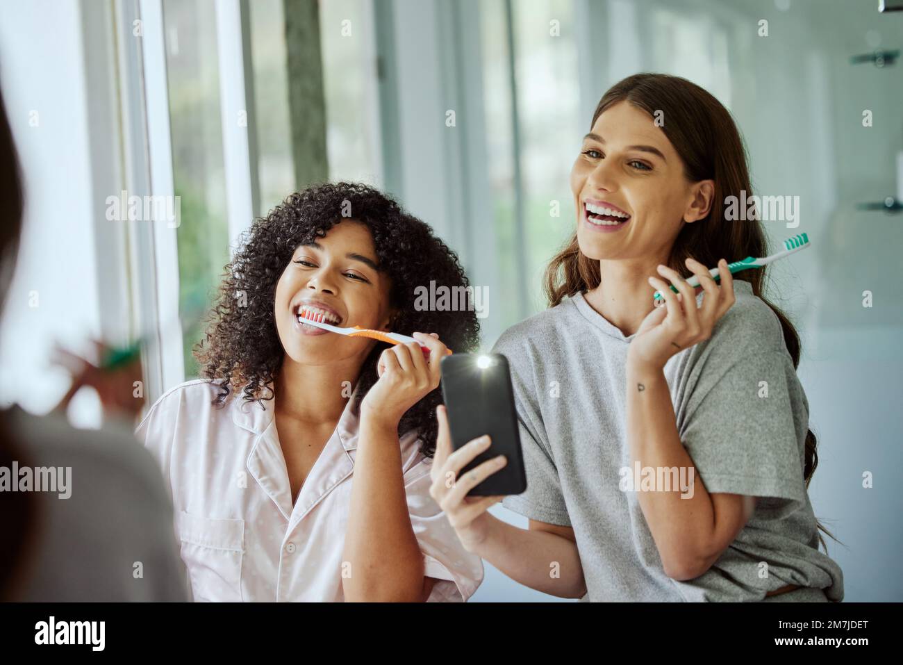 Happy selfie, phone and friends brushing teeth for social media, live ...