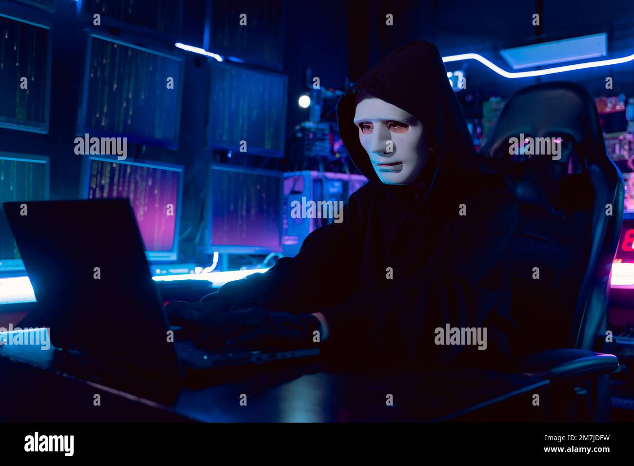 Female Asian hacker in hideout place with dark environment and multiple ...