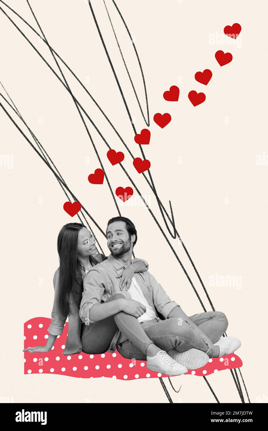 Creative artwork collage of two sitting young people hugs enjoy time ...