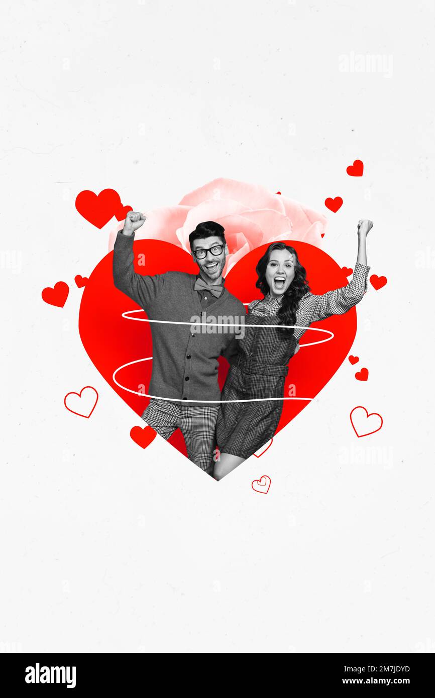 Collage photo picture of young two people ten years together raise ...