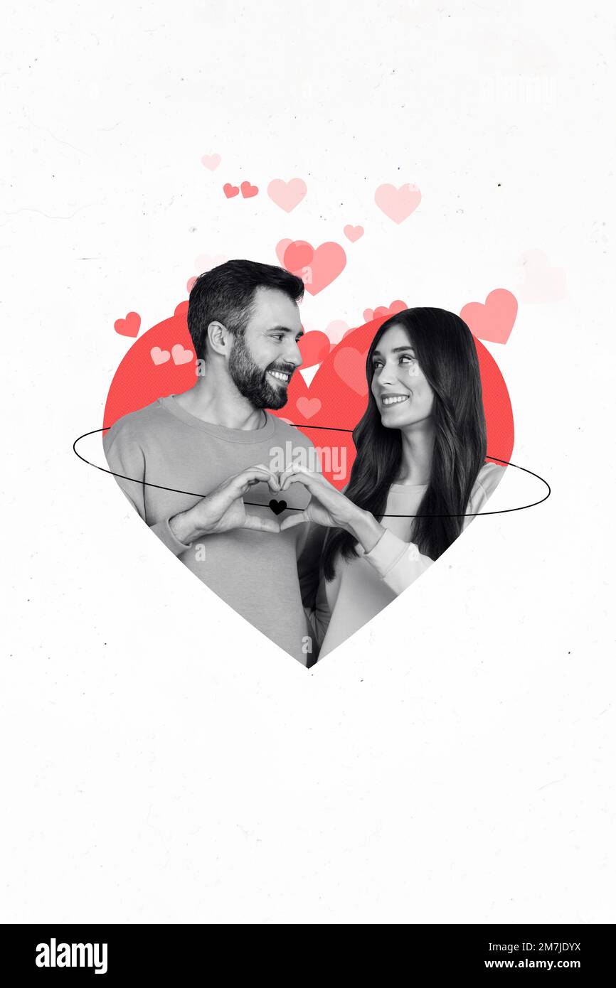 Collage photo of romance concept lovely pair two people showing fingers ...