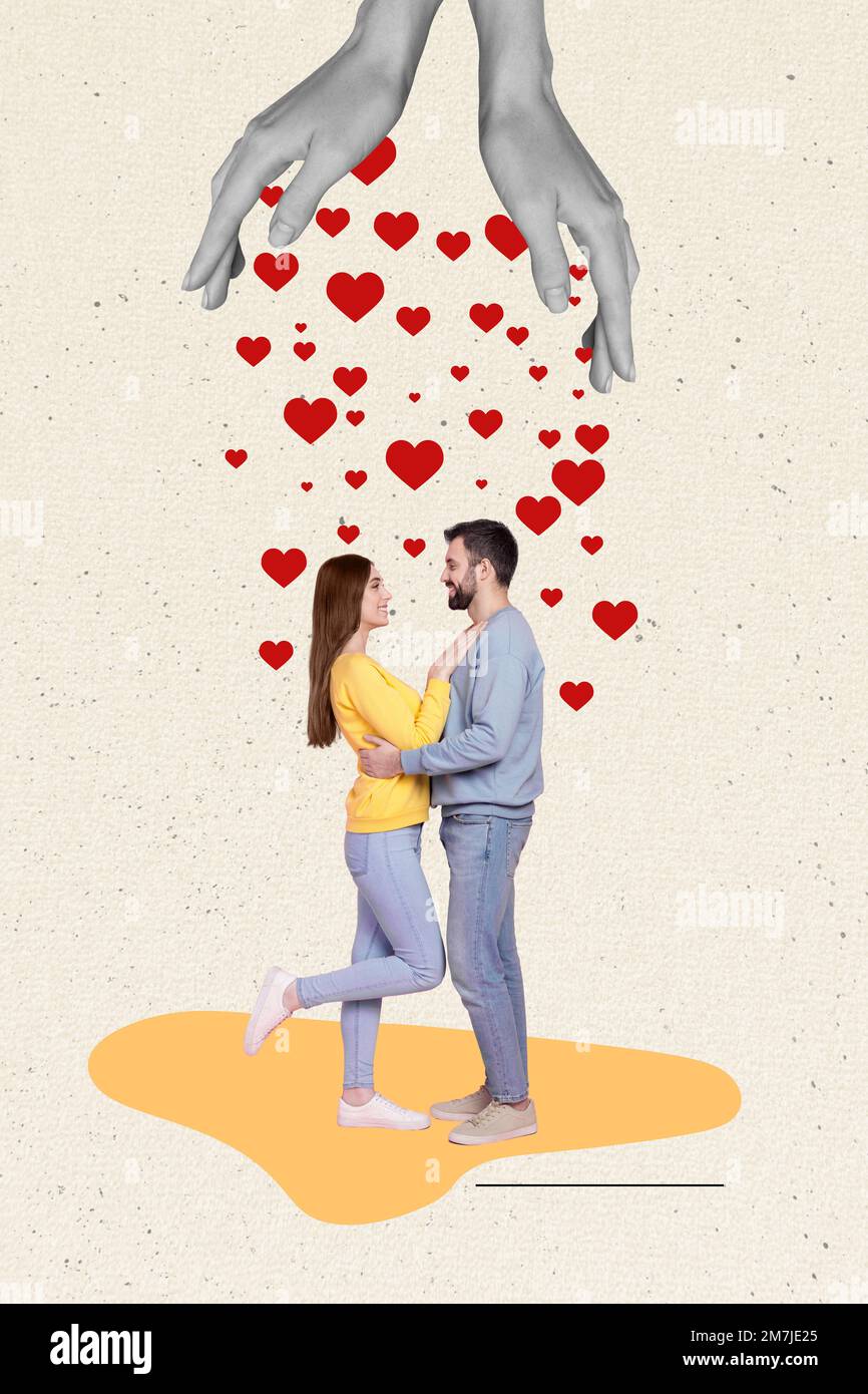 Collage photo of young celebrating engagement day people boyfriend hug ...