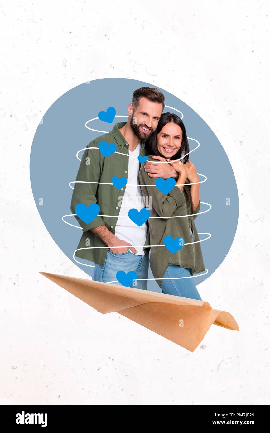 Vertical Collage Portrait Of Two Positive Lovers Partners Cuddle Toothy