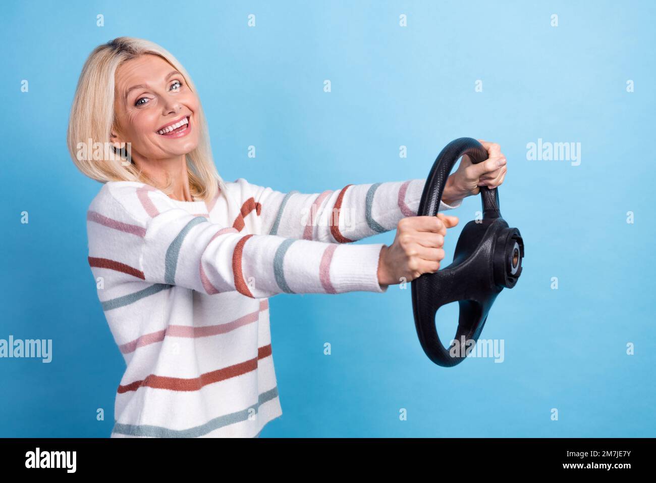 Photo of shiny pretty lady wear striped pullover smiling enjoying ...